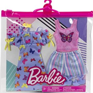 Barbie Fashions 2-Pack Clothing Set, 2 Outfits for Barbie Doll Includes Off-the-Shoulder Butterfly Print Dress, Butterfly Tank & Blue Shorts & 2 Accessories, Gift for Kids 3 to 8 Years Old