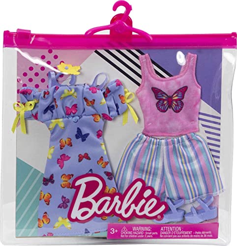 Barbie Fashions 2-Pack Clothing Set, 2 Outfits for Barbie Doll Includes Off-the-Shoulder Butterfly Print Dress, Butterfly Tank & Blue Shorts & 2 Accessories, Gift for Kids 3 to 8 Years Old