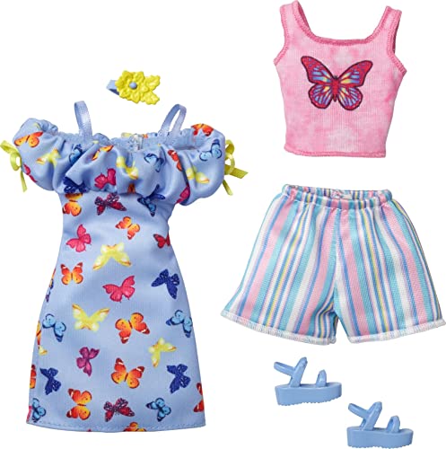 Barbie Fashions 2-Pack Clothing Set, 2 Outfits for Barbie Doll Includes Off-the-Shoulder Butterfly Print Dress, Butterfly Tank & Blue Shorts & 2 Accessories, Gift for Kids 3 to 8 Years Old