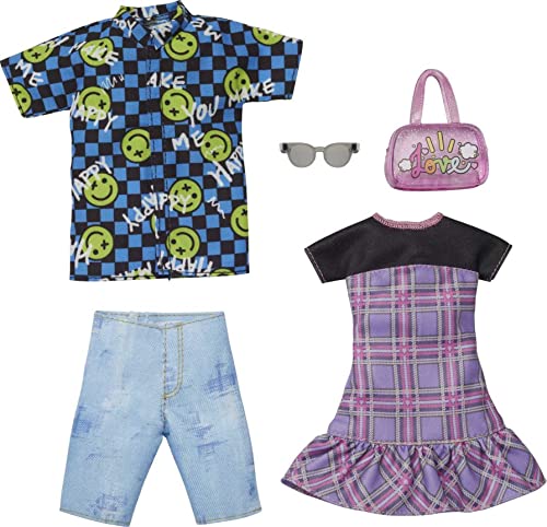 Barbie Ken Fashions 2-Pack Clothing Set, 1 Outfit & Accessory for Barbie Doll: Plaid Dress & Purse, 1 Outfit & Accessory for Ken Doll: Smiley Face Dress Shirt & Denim Shorts