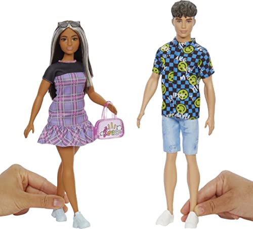 Barbie Ken Fashions 2-Pack Clothing Set, 1 Outfit & Accessory for Barbie Doll: Plaid Dress & Purse, 1 Outfit & Accessory for Ken Doll: Smiley Face Dress Shirt & Denim Shorts