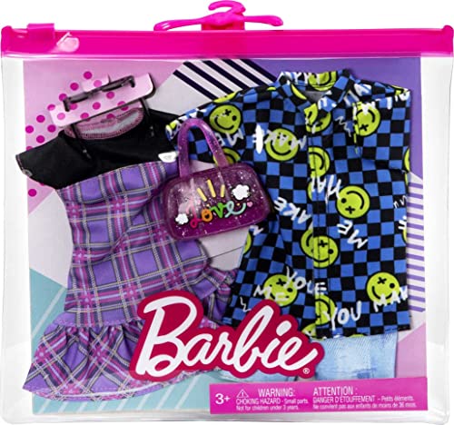 Barbie Ken Fashions 2-Pack Clothing Set, 1 Outfit & Accessory for Barbie Doll: Plaid Dress & Purse, 1 Outfit & Accessory for Ken Doll: Smiley Face Dress Shirt & Denim Shorts