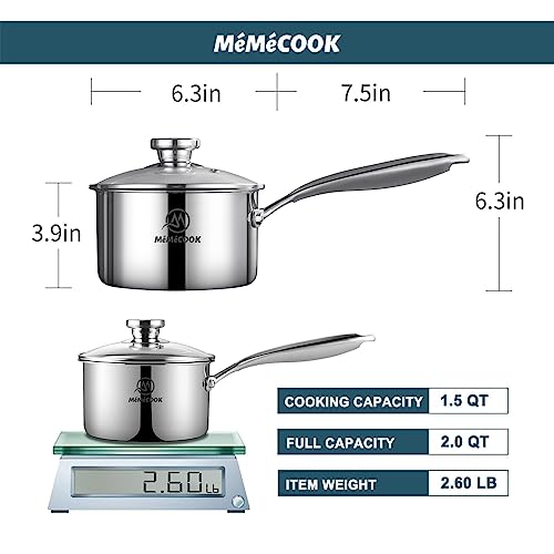 MÉMÉCOOK 2 Quart Saucepan With Lid, Stainless Steel Pot, Sauce Pan, Cooking Pot, Saucepans Full Body Tri-Ply 18/8 Food Grade, Stainless Steel Pots, Small Saucepan, Small Pot, Small Pots For Cooking