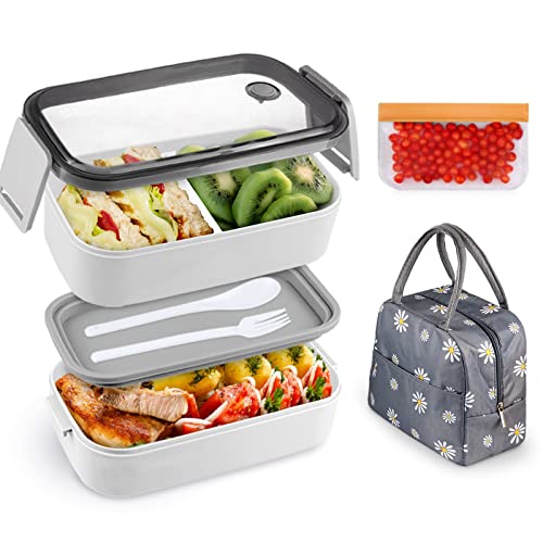 NatraProw Bento Box For Adult, Leakproof Adult Lunch Box Kit With Detachable Divider, Lunch Bag, Snack Bag, Stackable Adult Microwave Safe Bento Box Lunch Container(White)