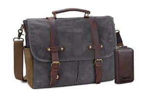 messenger bag for men, 15.6 inch waterproof vintage genuine leather laptop briefcase waxed canvas large computer satchel bag travel leather shoulder work bag with key bag (dark grey)