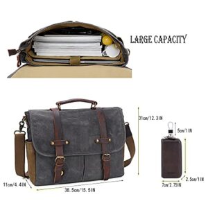 Messenger Bag for Men, 15.6 Inch Waterproof Vintage Genuine Leather Laptop Briefcase Waxed Canvas Large Computer Satchel bag Travel Leather Shoulder Work Bag with Key Bag (Dark grey)