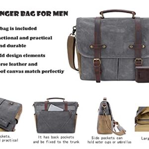 Messenger Bag for Men, 15.6 Inch Waterproof Vintage Genuine Leather Laptop Briefcase Waxed Canvas Large Computer Satchel bag Travel Leather Shoulder Work Bag with Key Bag (Dark grey)