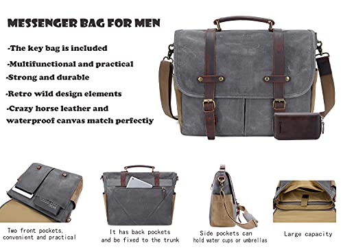 Messenger Bag for Men, 15.6 Inch Waterproof Vintage Genuine Leather Laptop Briefcase Waxed Canvas Large Computer Satchel bag Travel Leather Shoulder Work Bag with Key Bag (Dark grey)