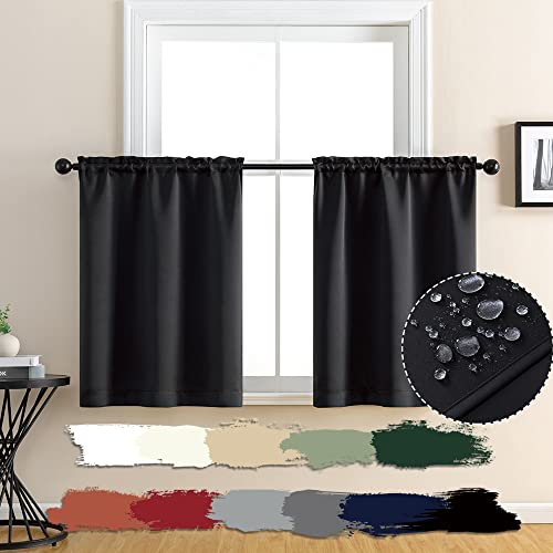 Black Tier Curtains 24 Inch Length for Kitchen,Dark Out Heat Sun No Light Blocking Thermal Insulated Fabric Small Blackout RV Blinds/Shades for Inside Windows Travel Trailers Accessories,Pair Set of 2