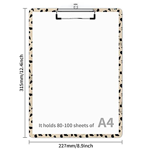 Cute Clipboard with Designs ​Wood A4 Letter Size Hardboard Office Clipboards, Retractable Hole for Hanging Decorative Clip Board - Cheetah Spots（12.4" x 8.9"）