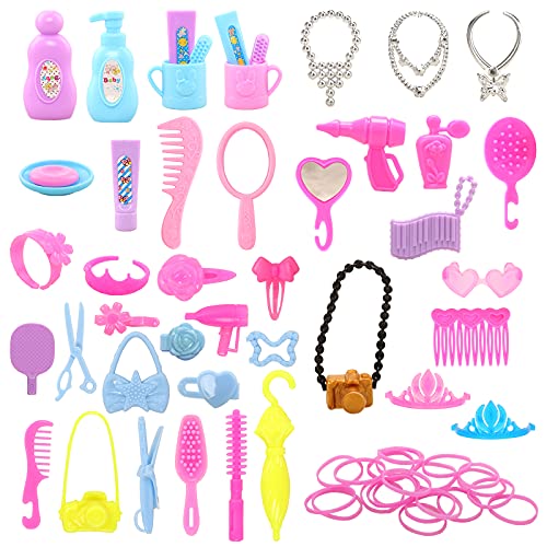 BARWA 43 PCS Doll Accessories Travel Toiletries Clip Bag Crown Necklace Comb Camera Rubber Band for 11.5 inch Doll Xmas Gift…