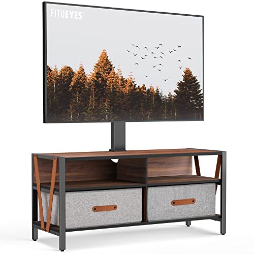 FITUEYES Wood Swivel Floor TV Stand with Mount for 37-75 Inch TVS, Television Stands with Storage for Bedroom - Height Adjustable, Cable Management, Removable Fabric Drawers, VESA 400x600mm, Walnut