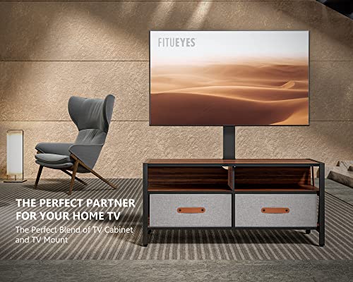 FITUEYES Wood Swivel Floor TV Stand with Mount for 37-75 Inch TVS, Television Stands with Storage for Bedroom - Height Adjustable, Cable Management, Removable Fabric Drawers, VESA 400x600mm, Walnut