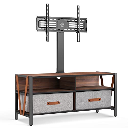 FITUEYES Wood Swivel Floor TV Stand with Mount for 37-75 Inch TVS, Television Stands with Storage for Bedroom - Height Adjustable, Cable Management, Removable Fabric Drawers, VESA 400x600mm, Walnut