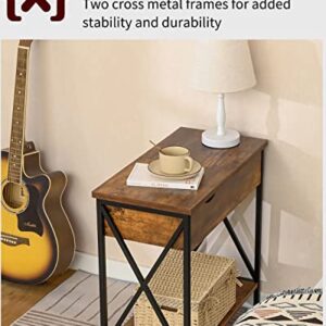 WEENFON Narrow End Table, 2 Tiers Flip Top Sofa Side Table, Nightstand with X-Shaped Metal Legs, Rustic Brown and Black