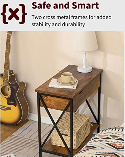 WEENFON Narrow End Table, 2 Tiers Flip Top Sofa Side Table, Nightstand with X-Shaped Metal Legs, Rustic Brown and Black