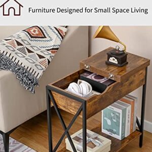 WEENFON Narrow End Table, 2 Tiers Flip Top Sofa Side Table, Nightstand with X-Shaped Metal Legs, Rustic Brown and Black