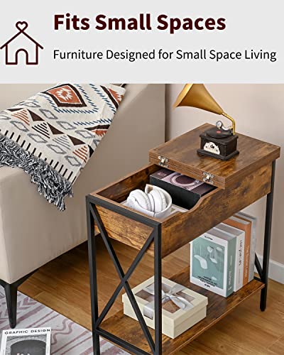 WEENFON Narrow End Table, 2 Tiers Flip Top Sofa Side Table, Nightstand with X-Shaped Metal Legs, Rustic Brown and Black