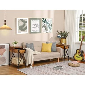 WEENFON Narrow End Table, 2 Tiers Flip Top Sofa Side Table, Nightstand with X-Shaped Metal Legs, Rustic Brown and Black