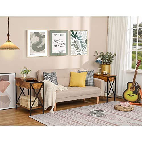 WEENFON Narrow End Table, 2 Tiers Flip Top Sofa Side Table, Nightstand with X-Shaped Metal Legs, Rustic Brown and Black