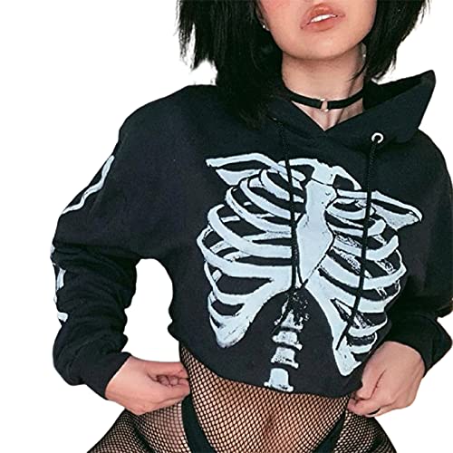 Chloefairy Women's Skeleton Print Crop Top Gothic Punk Hoodies Bandage Casual Pullover Long Sleeve Relaxed Fit Sweatshirts (Black, Large)