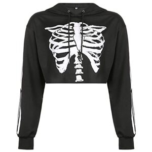 Chloefairy Women's Skeleton Print Crop Top Gothic Punk Hoodies Bandage Casual Pullover Long Sleeve Relaxed Fit Sweatshirts (Black, Large)