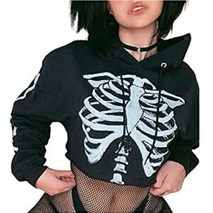 Chloefairy Women's Skeleton Print Crop Top Gothic Punk Hoodies Bandage Casual Pullover Long Sleeve Relaxed Fit Sweatshirts (Black, Large)