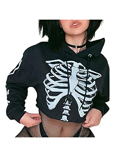 Chloefairy Women's Skeleton Print Crop Top Gothic Punk Hoodies Bandage Casual Pullover Long Sleeve Relaxed Fit Sweatshirts (Black, Large)