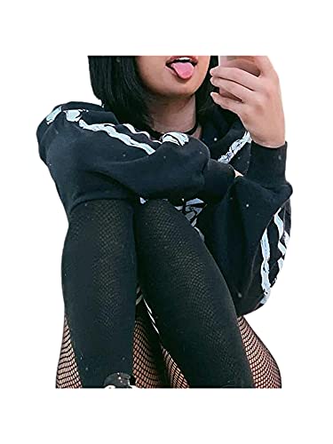 Chloefairy Women's Skeleton Print Crop Top Gothic Punk Hoodies Bandage Casual Pullover Long Sleeve Relaxed Fit Sweatshirts (Black, Large)