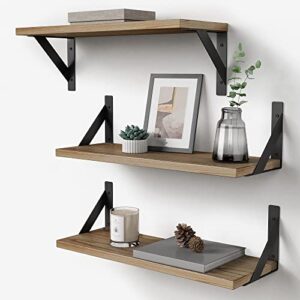 floating shelves with black metal brackets set of 3, light wood wall bookshelf for bedroom over desk bed, hanging shelf for office kitchen living room, bathroom over toilet (natural color)