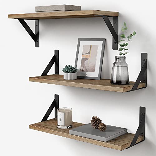 Floating Shelves with Black Metal Brackets Set of 3, Light Wood Wall Bookshelf for Bedroom Over Desk Bed, Hanging Shelf for Office Kitchen Living Room, Bathroom Over Toilet (Natural Color)