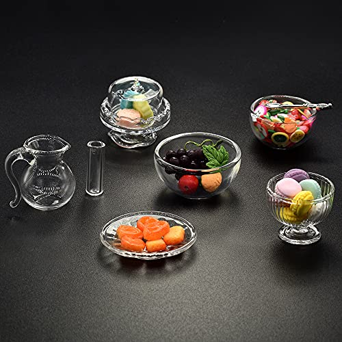 iLAND Miniature Dollhouse Accessories for Dollhouse Furniture, Glass Utensils w/Mini Food Set Incl Bowls Plates Dessert Dish Jar Cup (6 Glass pcs w/Miniature Food)