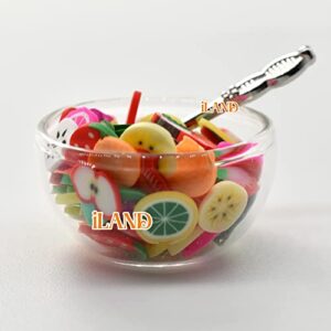 iLAND Miniature Dollhouse Accessories for Dollhouse Furniture, Glass Utensils w/Mini Food Set Incl Bowls Plates Dessert Dish Jar Cup (6 Glass pcs w/Miniature Food)