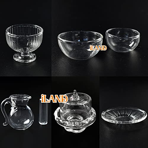 iLAND Miniature Dollhouse Accessories for Dollhouse Furniture, Glass Utensils w/Mini Food Set Incl Bowls Plates Dessert Dish Jar Cup (6 Glass pcs w/Miniature Food)