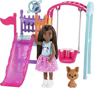 barbie chelsea swing set playset with chelsea doll (6 in brunette) wearing star-print skirt, pet puppy, swing & slide, gift for 3 to 7 year olds