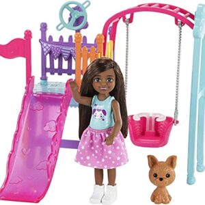 Barbie Chelsea Swing Set Playset with Chelsea Doll (6 in Brunette) Wearing Star-Print Skirt, Pet Puppy, Swing & Slide, Gift for 3 to 7 Year Olds