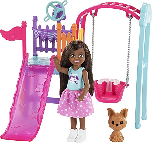 Barbie Chelsea Swing Set Playset with Chelsea Doll (6 in Brunette) Wearing Star-Print Skirt, Pet Puppy, Swing & Slide, Gift for 3 to 7 Year Olds