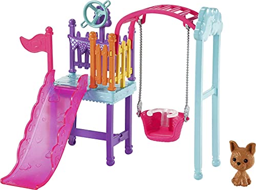 Barbie Chelsea Swing Set Playset with Chelsea Doll (6 in Brunette) Wearing Star-Print Skirt, Pet Puppy, Swing & Slide, Gift for 3 to 7 Year Olds