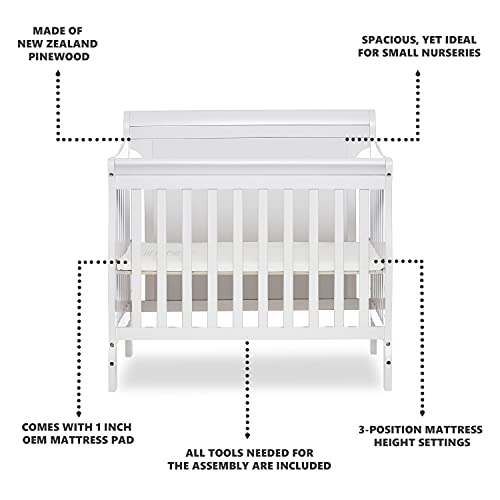 Dream On Me Alice 3-in-1 Full Panel Convertible Mini Crib, White, Greenguard Gold Certified