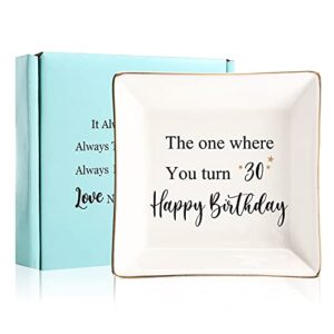 JOYIMARR 30th Birthday Gift for Women Ceramic Jewelry Holder Ring Dish - Funny Turn Thirty Gift Idea for Her,Friend,Daughter,Sister - The One Where You Turn 30 Happy Birthday