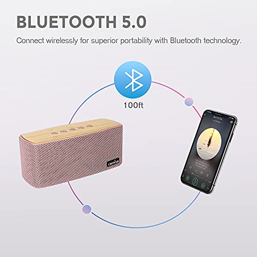 comiso Bluetooth Speakers, 20W Loud Wood Home Audio Outdoor Portable Wireless Speaker, Subwoofer Tweeters for Super Bass Stereo Sound Bluetooth 5.0 Handsfree 24H Playtime (Pink)