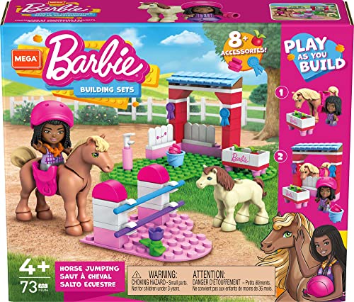 Mega Barbie Pets Horse Toy Building Set with Micro-Doll and Accessories, 1 Horse and 1 Pony, Easy-to-Build Horse Jumping Playset