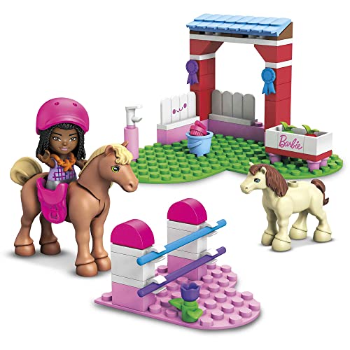 Mega Barbie Pets Horse Toy Building Set with Micro-Doll and Accessories, 1 Horse and 1 Pony, Easy-to-Build Horse Jumping Playset