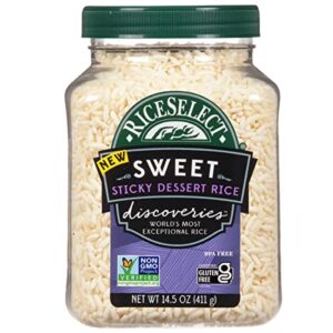 riceselect discoveries sweet sticky dessert rice, gluten-free, non-gmo, vegan, 14.5-ounce jar, white