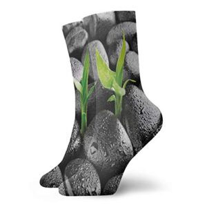 gultmee plant fashion compression socks,basalt stones with bamboo leaves sticking,performance polyester cushioned athletic crew socks for running,athletic,dark taupe lime green -12 inch