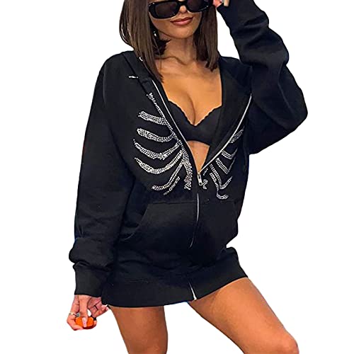 Women 's Oversized Zip Up Sweatshirt Skeleton Rhinestone Jackets Y2K Long Sleeve Printed Hoodies(A-Skeleton Rhinestone Black,Medium)