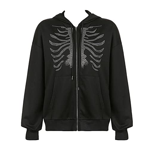 Women 's Oversized Zip Up Sweatshirt Skeleton Rhinestone Jackets Y2K Long Sleeve Printed Hoodies(A-Skeleton Rhinestone Black,Medium)