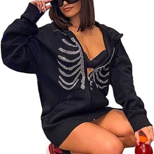 Women 's Oversized Zip Up Sweatshirt Skeleton Rhinestone Jackets Y2K Long Sleeve Printed Hoodies(A-Skeleton Rhinestone Black,Medium)