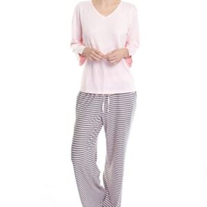 Hanes Women's Butter Knit 3/4 V-Neck Sleep Top and Pajama Pant Lounge & Sleep Set Pink/Stripe