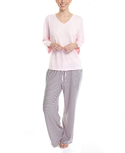 Hanes Women's Butter Knit 3/4 V-Neck Sleep Top and Pajama Pant Lounge & Sleep Set Pink/Stripe